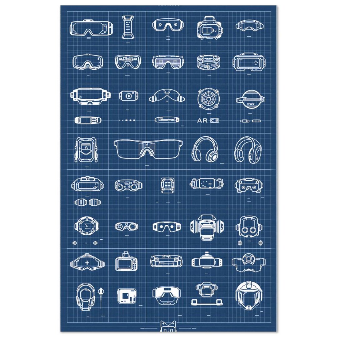 Retro Tech Blueprint Wall Art Imaginary Wearable Gadgets Line Drawing ...