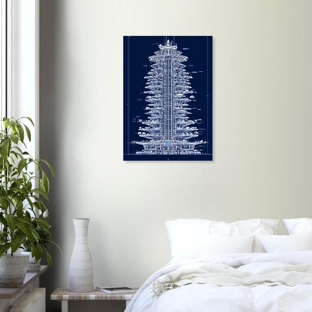 Futuristic Blueprint Skyscraper Print Sci Fi Arcology Wall Art ...