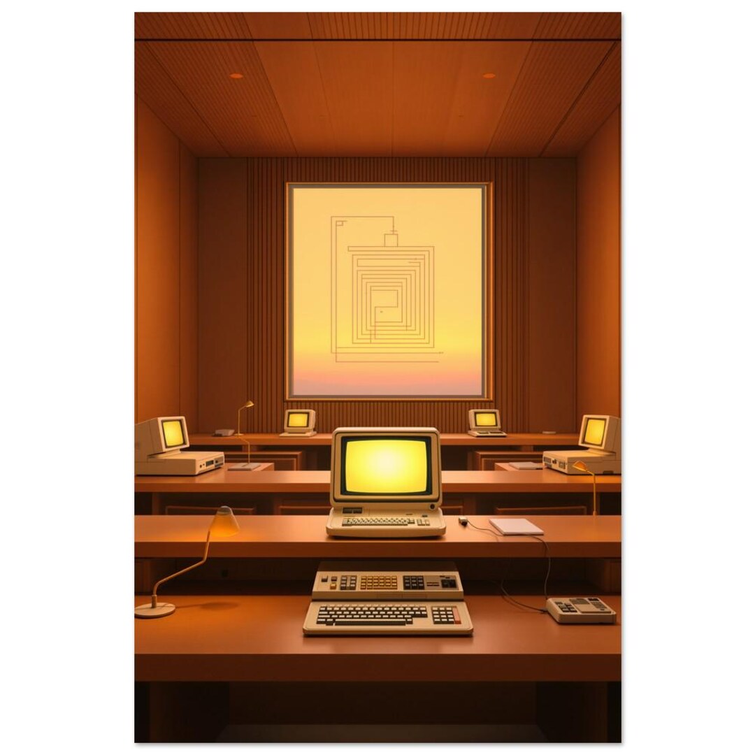 Retro Futurism Computer Lab Wall Art Cozy Neon Tech Aesthetic Isometric ...