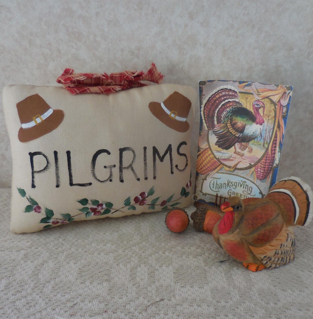 Primitive Thanksgiving Pilgrim Pillow Tuck Sign Hand Painted Cranberry ...