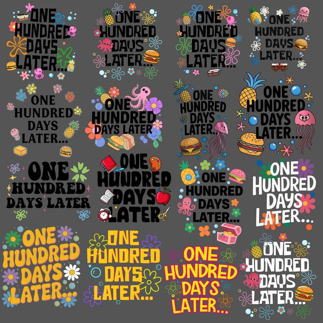 One Hundred Days Later PNG Bundle, 100th Day of School Cartoon Clipart ...