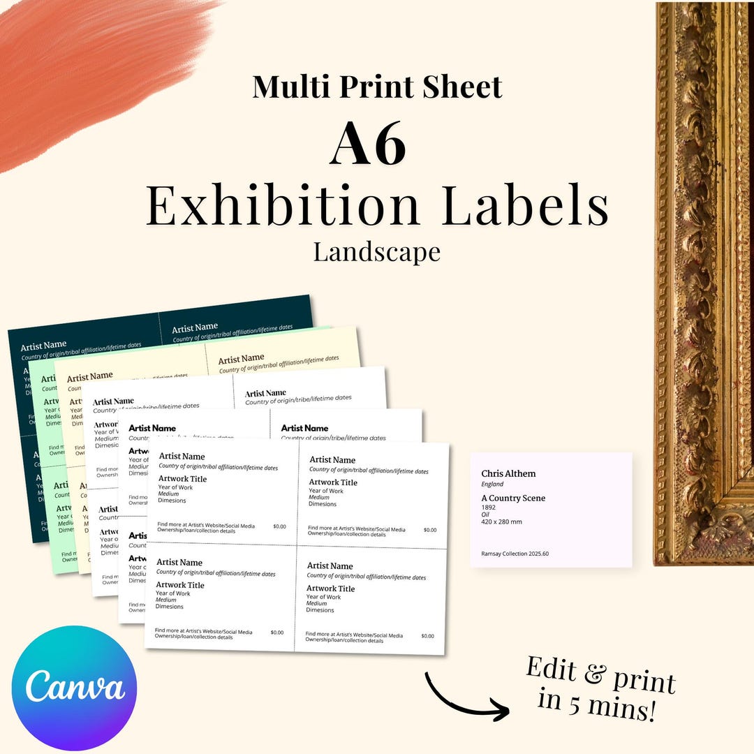 Printable Multi Page of A6 Landscape Art Exhibition Labels Gallery ...