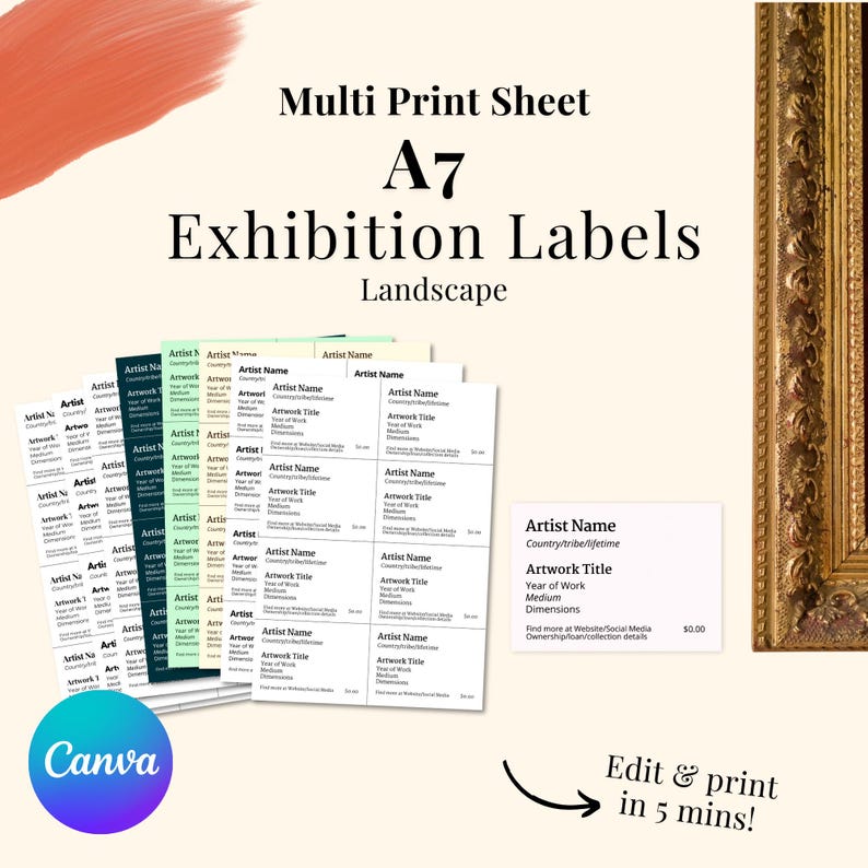 Printable Multi Page of A7 Art Exhibition Labels Display Cards ...