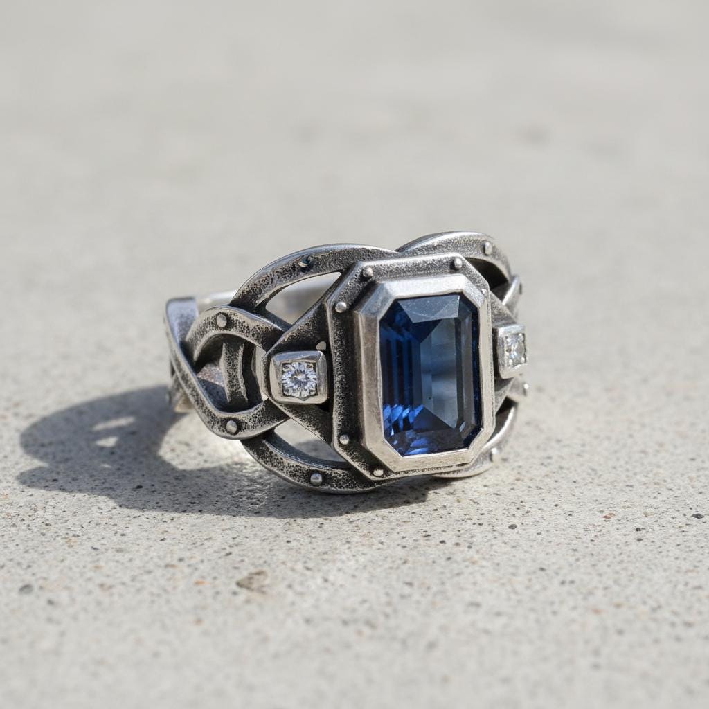Sterling Silver Gothic Ring, Sapphire Blue Stone, Art Deco Celtic Band ...