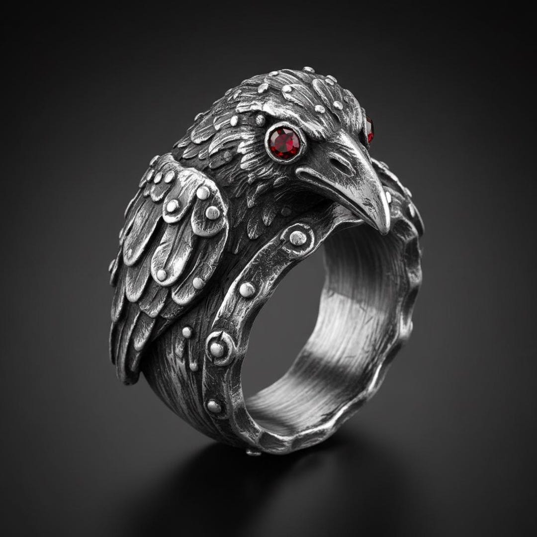 Sterling Silver Raven Ring With Red Eyes, Gothic Statement Bird Jewelry ...