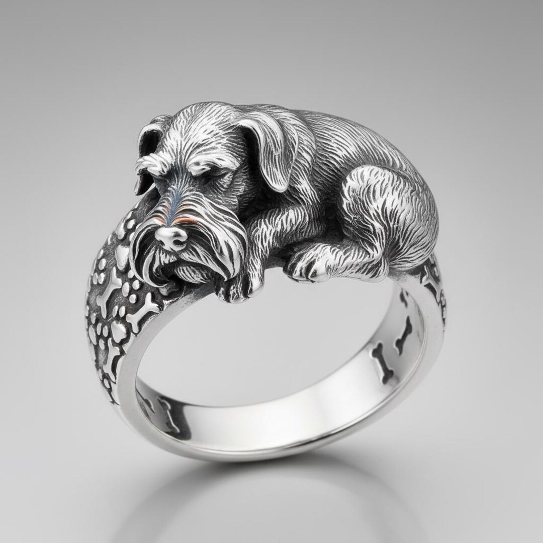 Sterling Silver Sleeping Schnauzer Ring, Paw Print Bone Band - Etsy