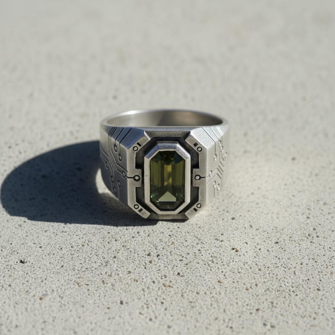 Cyberpunk Sterling Silver Signet Ring | Green Hexagon Stone, Circuit ...
