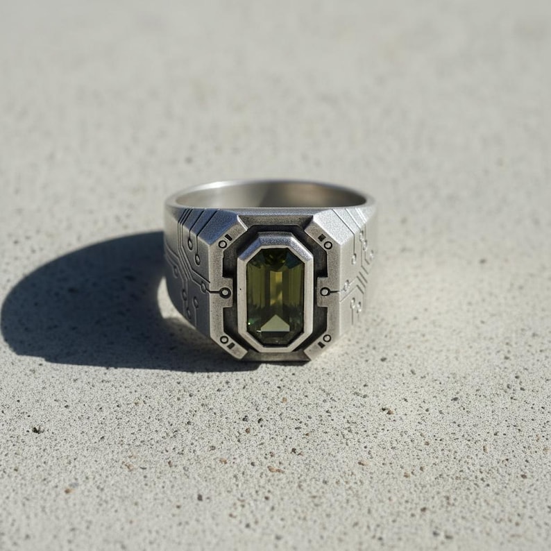 Cyberpunk Sterling Silver Signet Ring | Green Hexagon Stone, Circuit ...