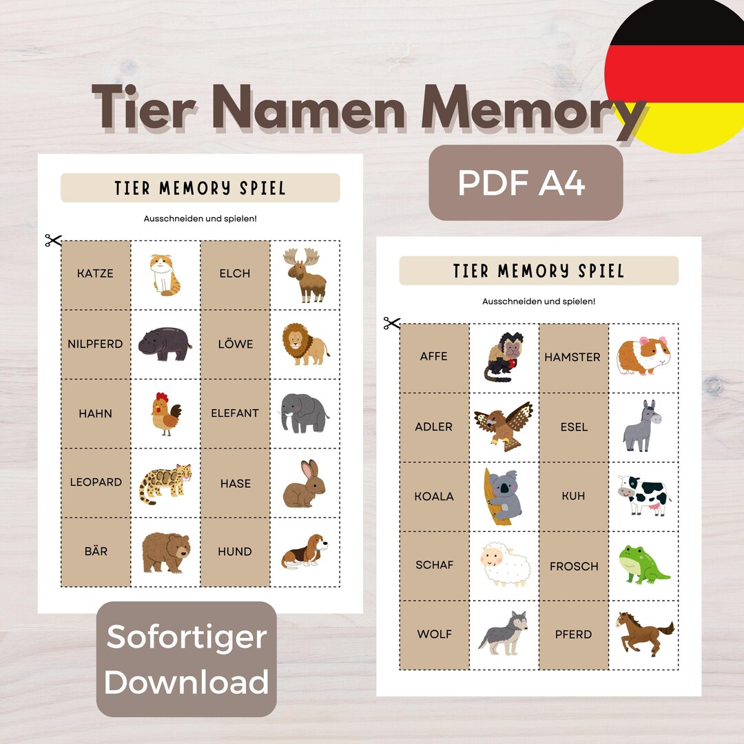 Animal Memory Game (german, Printable), Animal Name Learning Game for ...