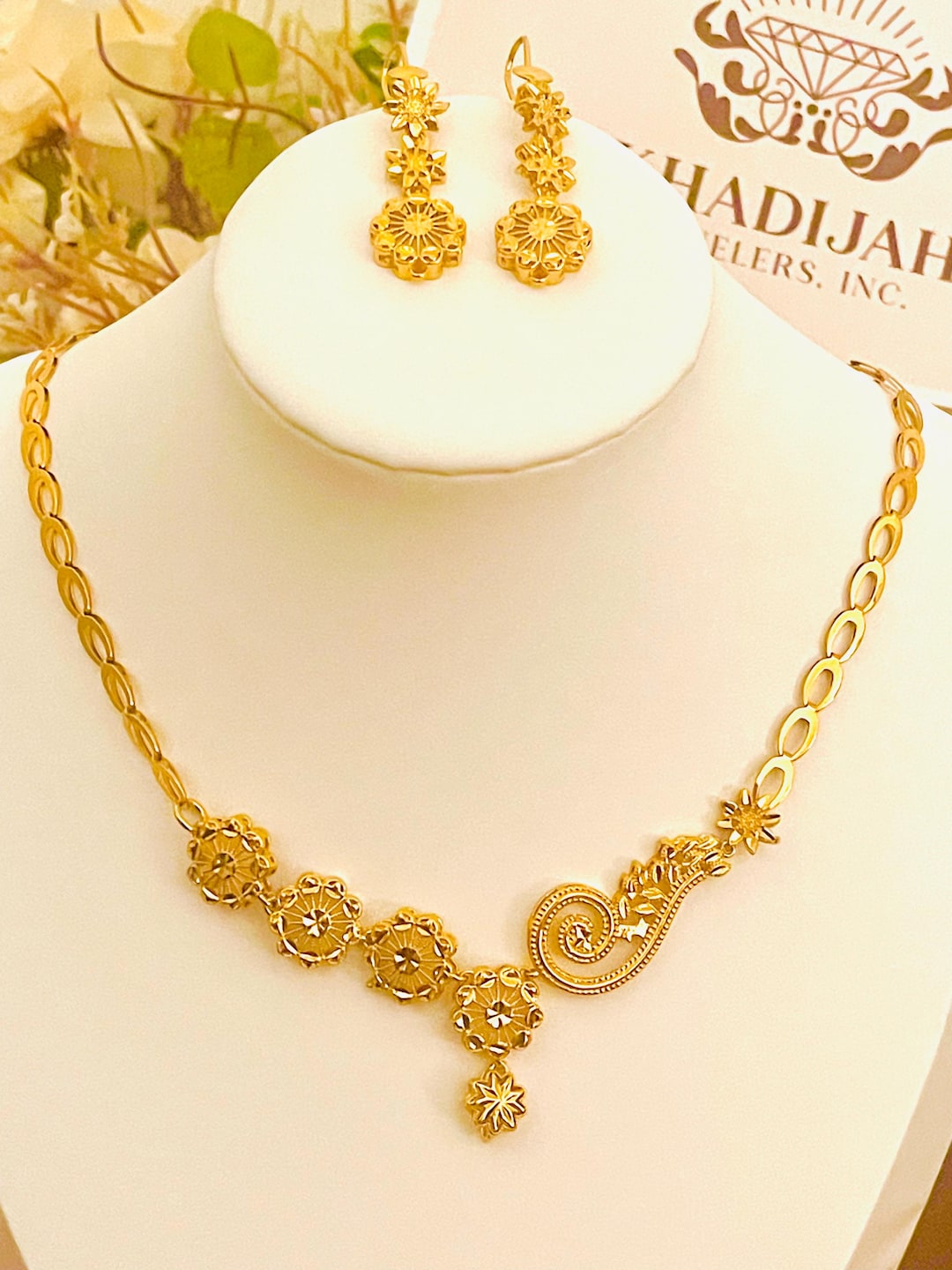 24K Gold Plated Middle Eastern Necklace Set – Arabic Floral & Star ...
