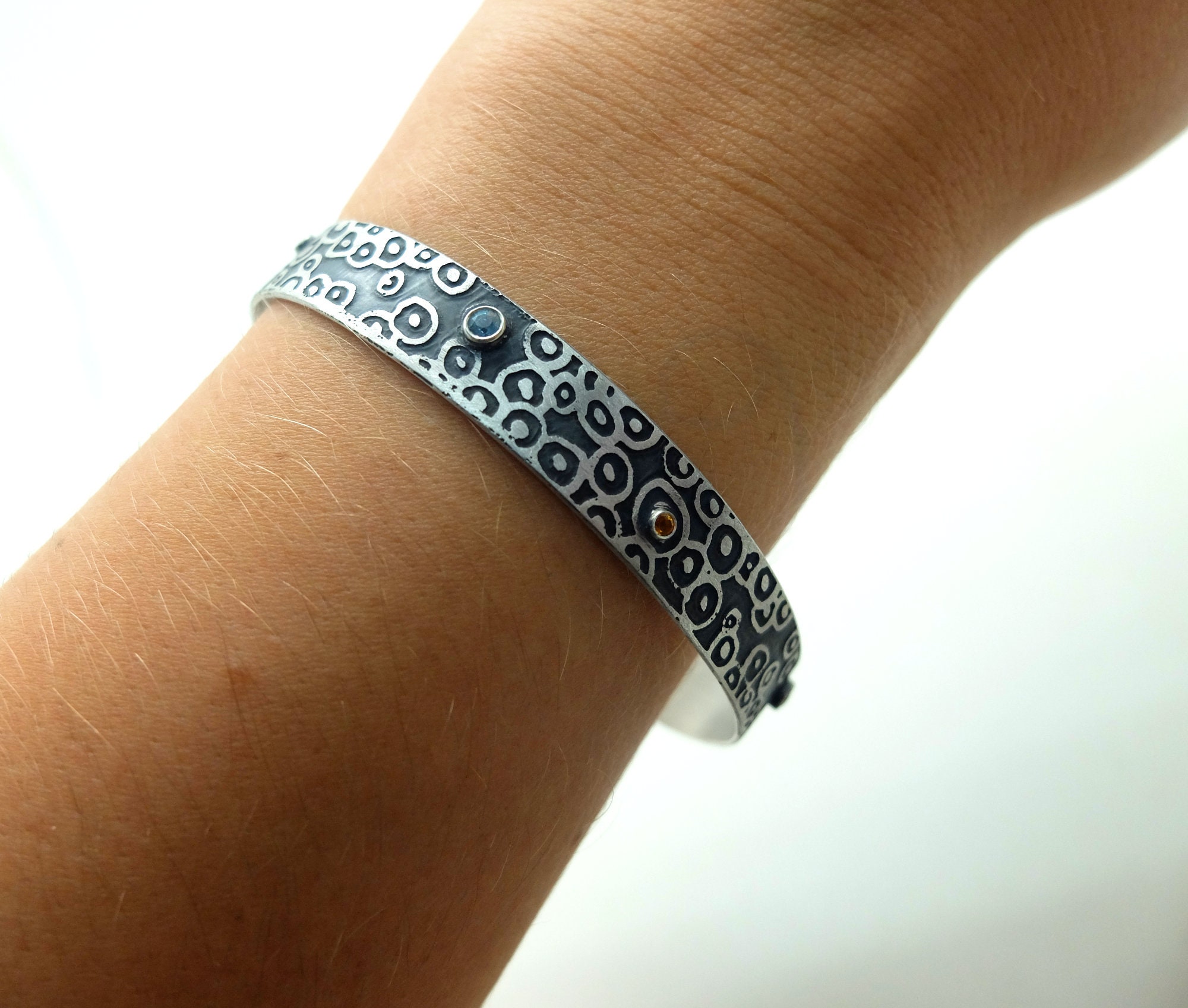 Sterling Silver Bangle Bracelet, Silver Bangle With Gems, Wide Silver ...