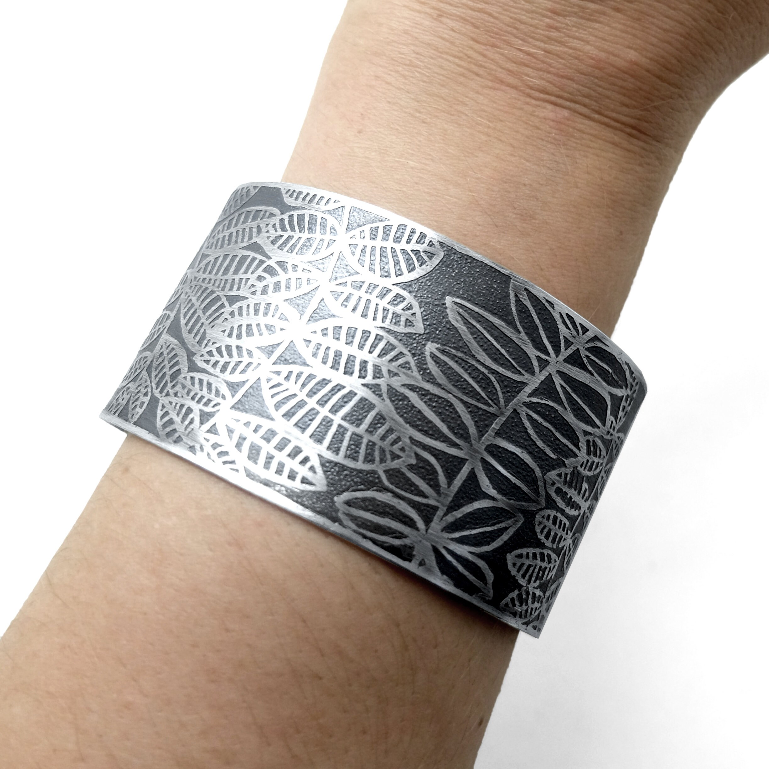 Sterling Silver Cuff Bangle, Floral Wide Cuff, Oxidized Silver Cuff ...