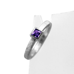 Amethyst Ring, Square Amethyst Ring, Satin Sterling Silver Ring, Purple Gem Ring, Violet Gem ...