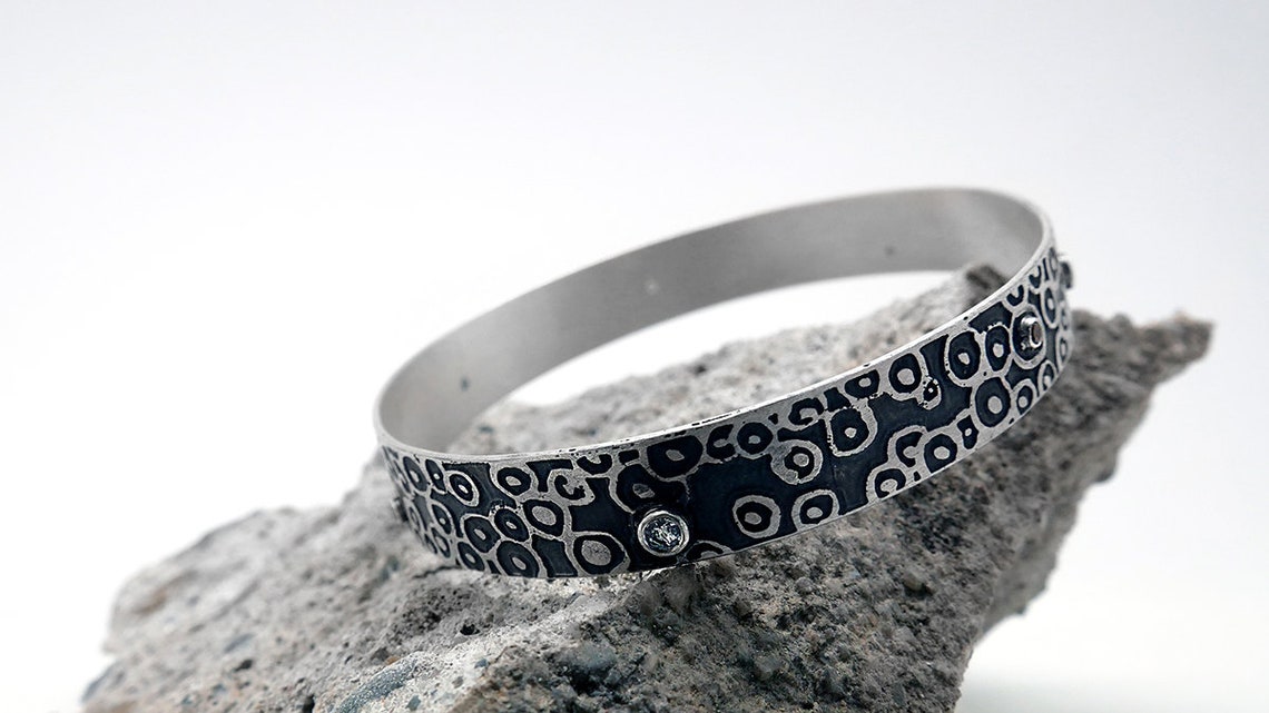 Sterling Silver Bangle Bracelet, Silver Bangle With Gems, Wide Silver ...