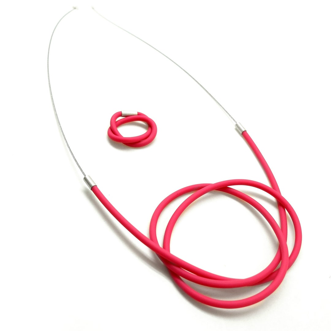 Pink Jewelry Set, Strand Necklace, Pink Knot Ring, Statement Rubber ...
