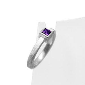 Amethyst Ring, Square Amethyst Ring, Satin Sterling Silver Ring, Purple Gem Ring, Violet Gem ...