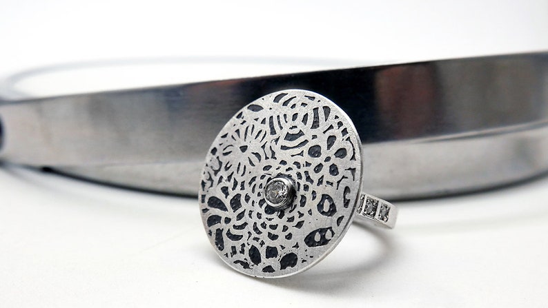 Circle Disk Ring, Silver Disk Ring, Floral Texture Ring, Etched Ring ...