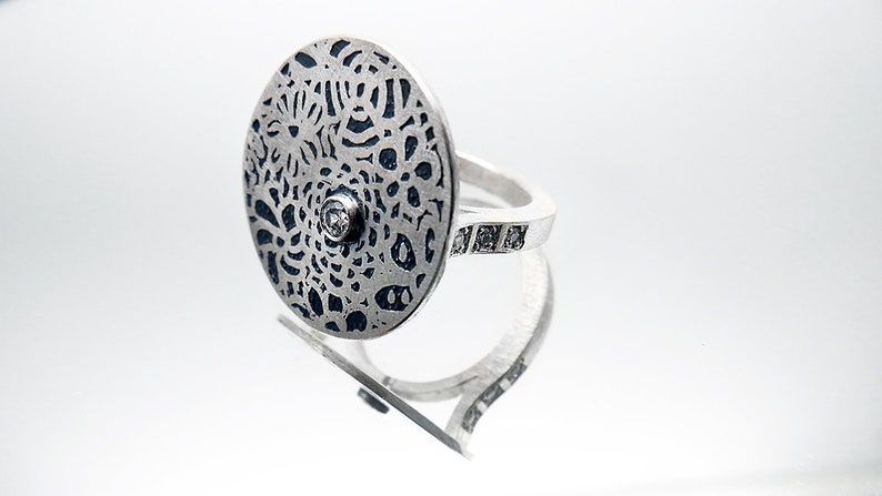 Circle Disk Ring, Silver Disk Ring, Floral Texture Ring, Etched Ring ...