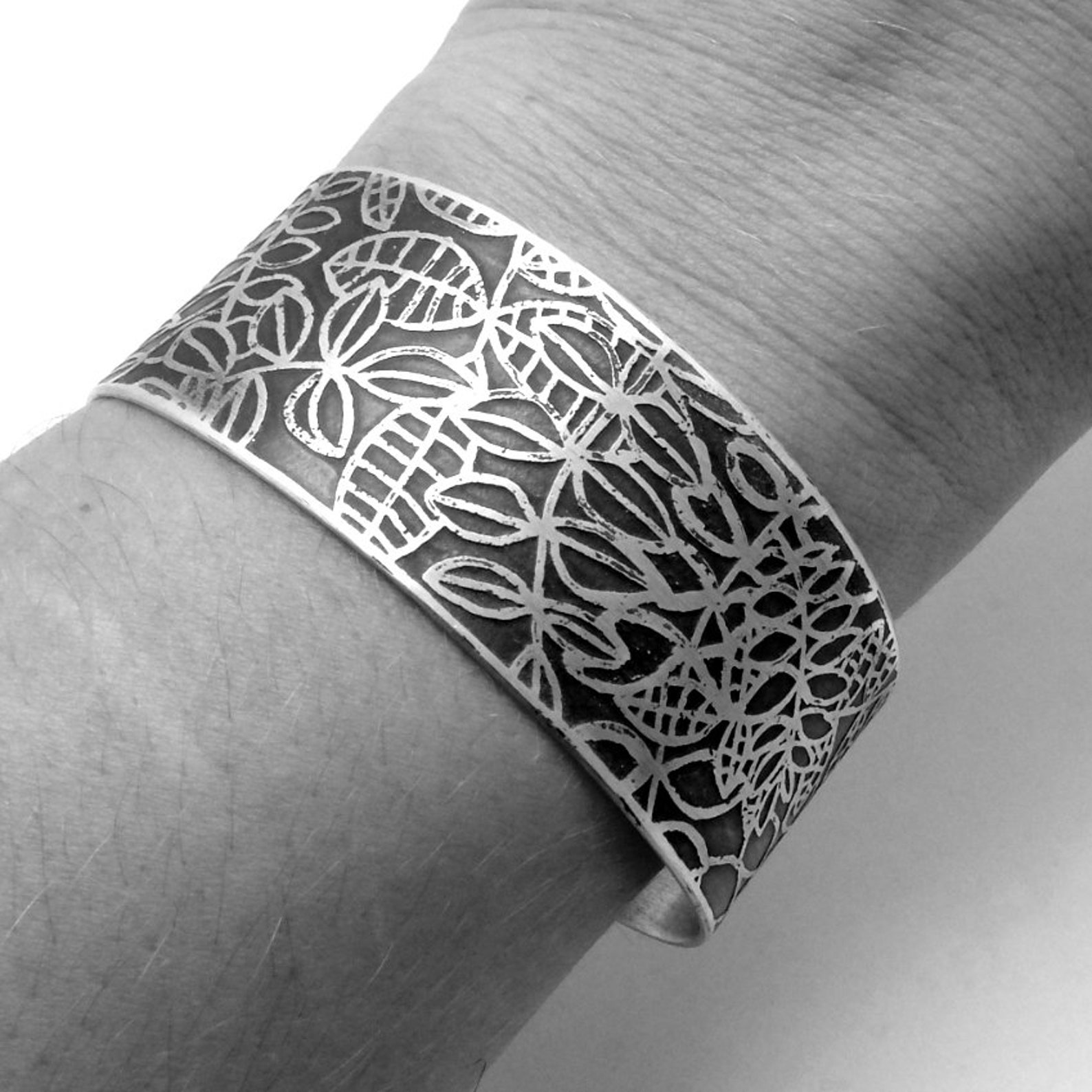 Wide Silver Cuff, Etched Silver Cuff, Botanical Silver Cuff, Leaf ...