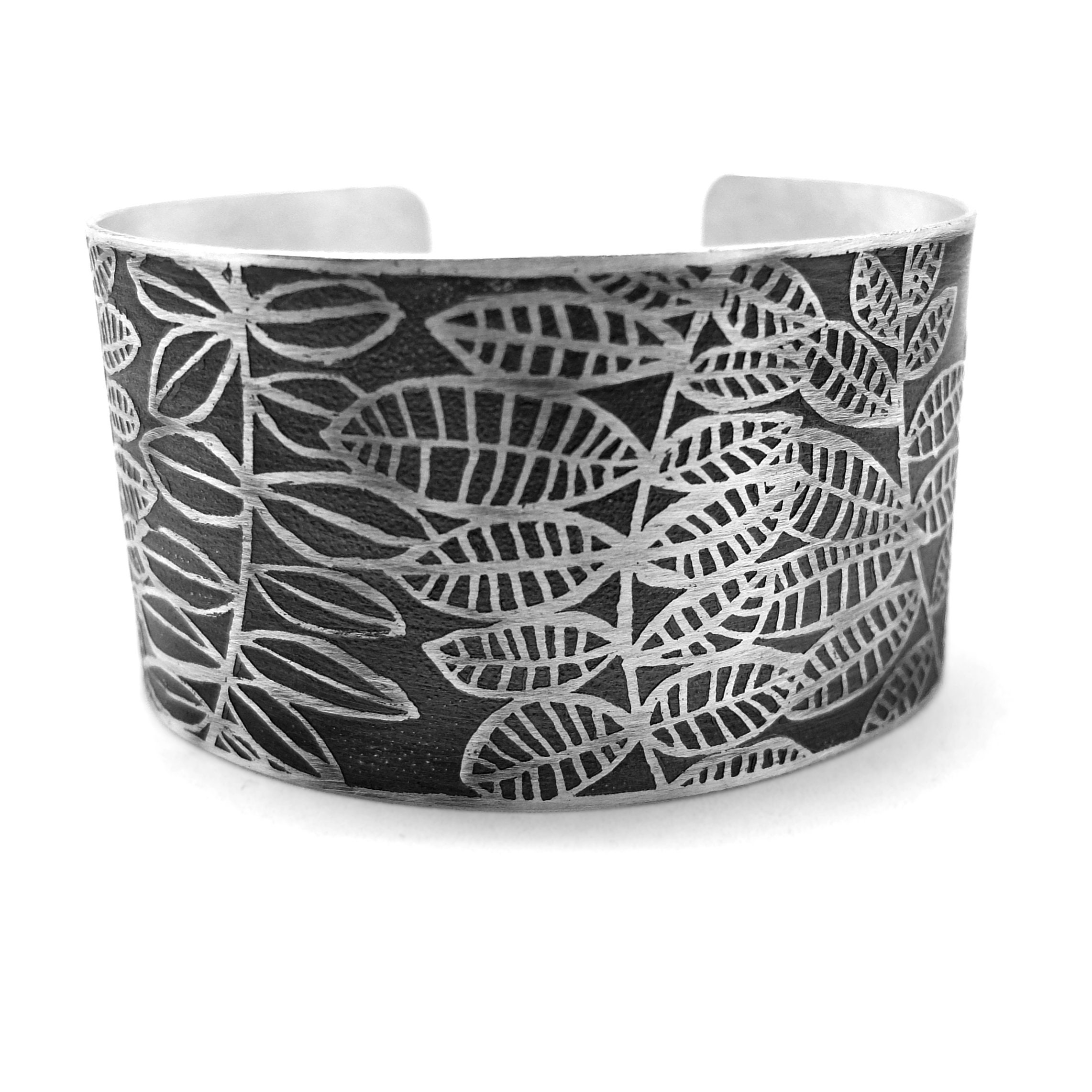 Sterling Silver Cuff Bangle, Floral Wide Cuff, Oxidized Silver Cuff ...