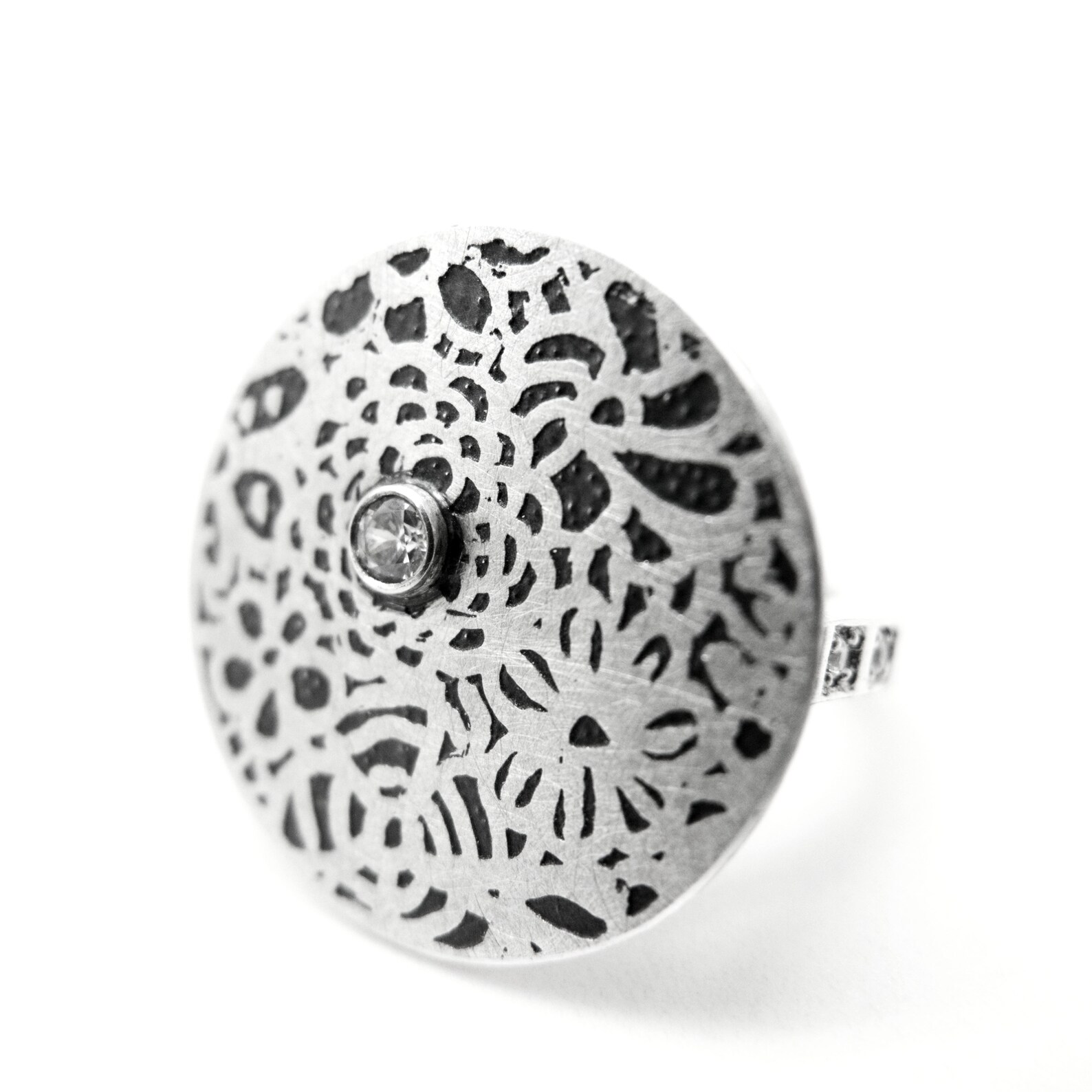 Circle Disk Ring, Silver Disk Ring, Floral Texture Ring, Etched Ring ...
