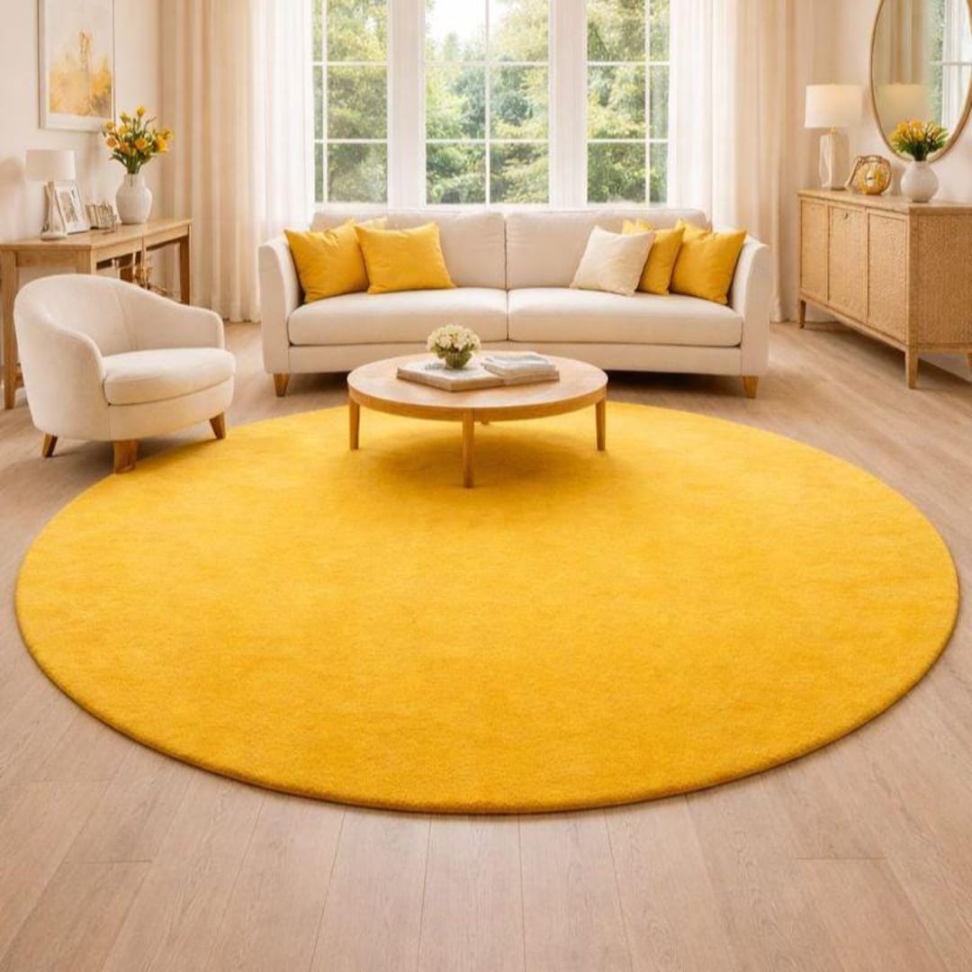 Modern Round Yellow Area Rug for Living Room & Bedroom Minimal Solid ...
