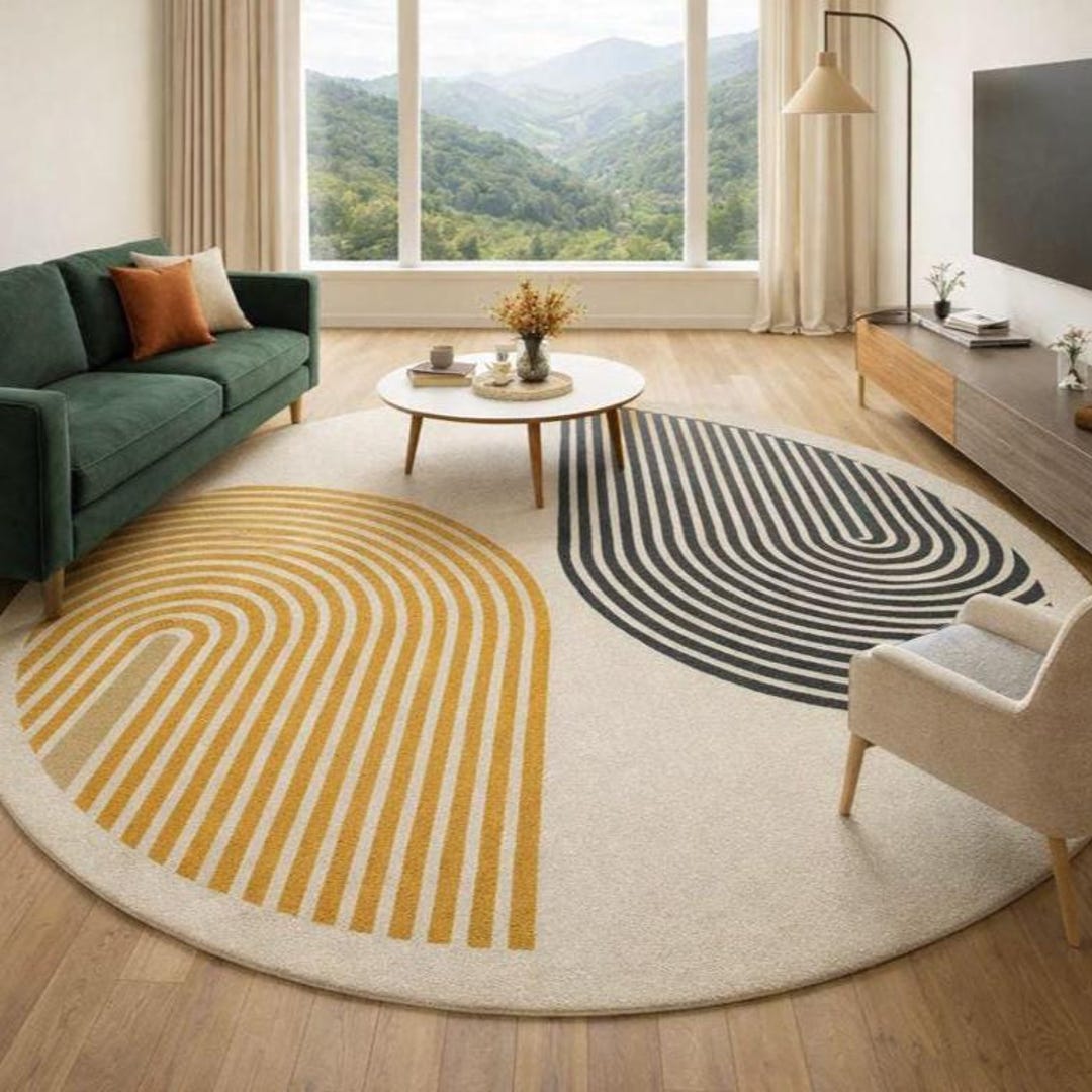 Modern Round Area Rug Mustard Gold & Dark Brown, Minimal Abstract ...