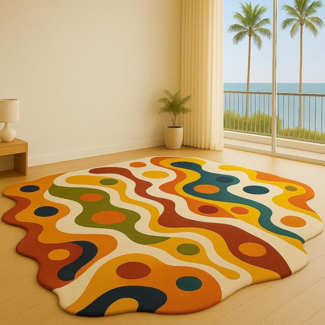Retro Abstract Organic Shape Rug – Colorful Wavy Blob Area Rug, Mid ...