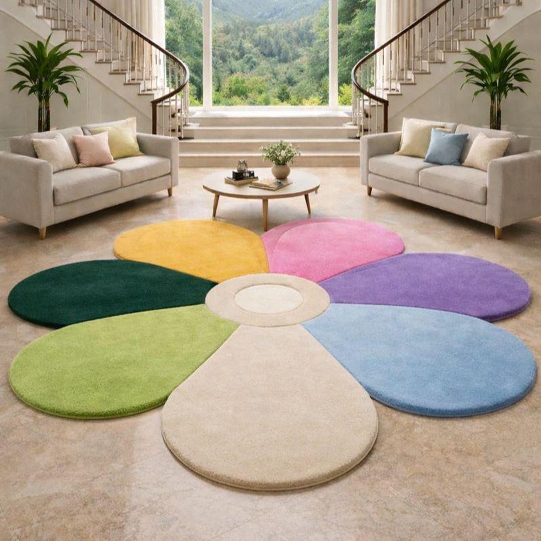 Multicolor Flower Shaped Round Area Rug, Pastel Petal Modern Carpet ...