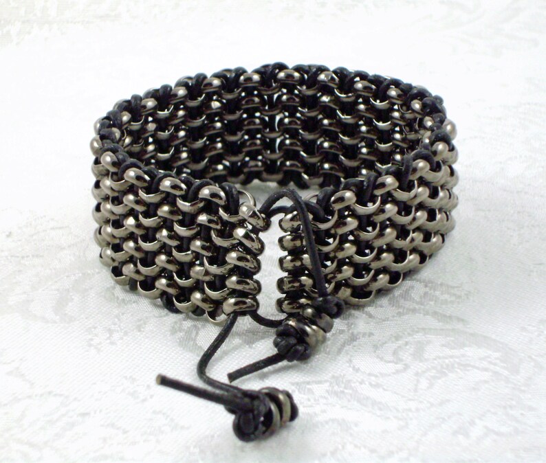 Black Leather Cord and Gun Metal Chain Woven Cuff Bracelet - Etsy