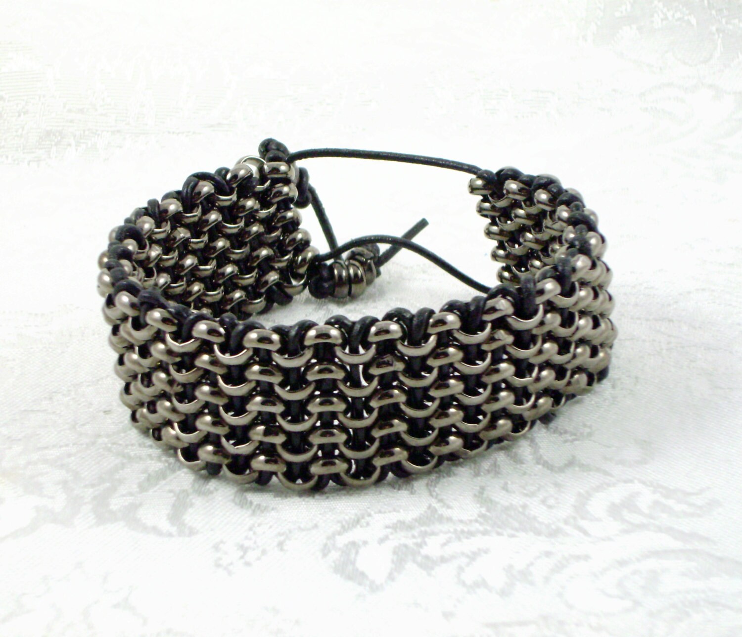 Black Leather Cord and Gun Metal Chain Woven Cuff Bracelet - Etsy