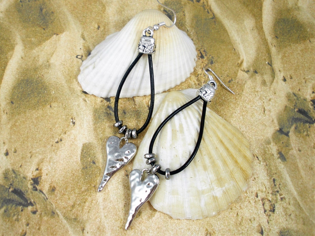 Black Leather Cord Silver Heart Drop Dangle Earrings - Etsy