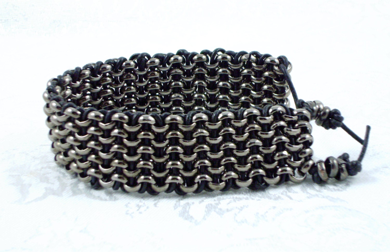 Black Leather Cord and Gun Metal Chain Woven Cuff Bracelet - Etsy