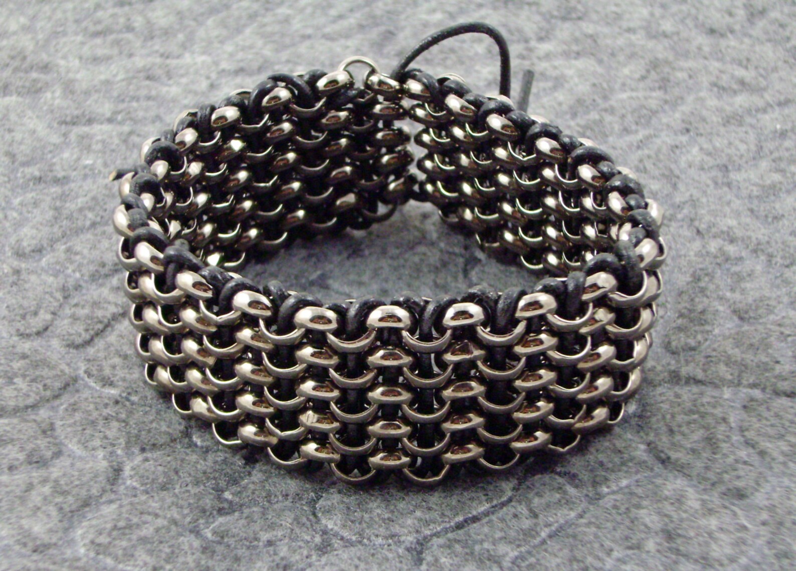 Black Leather Cord and Gun Metal Chain Woven Cuff Bracelet - Etsy
