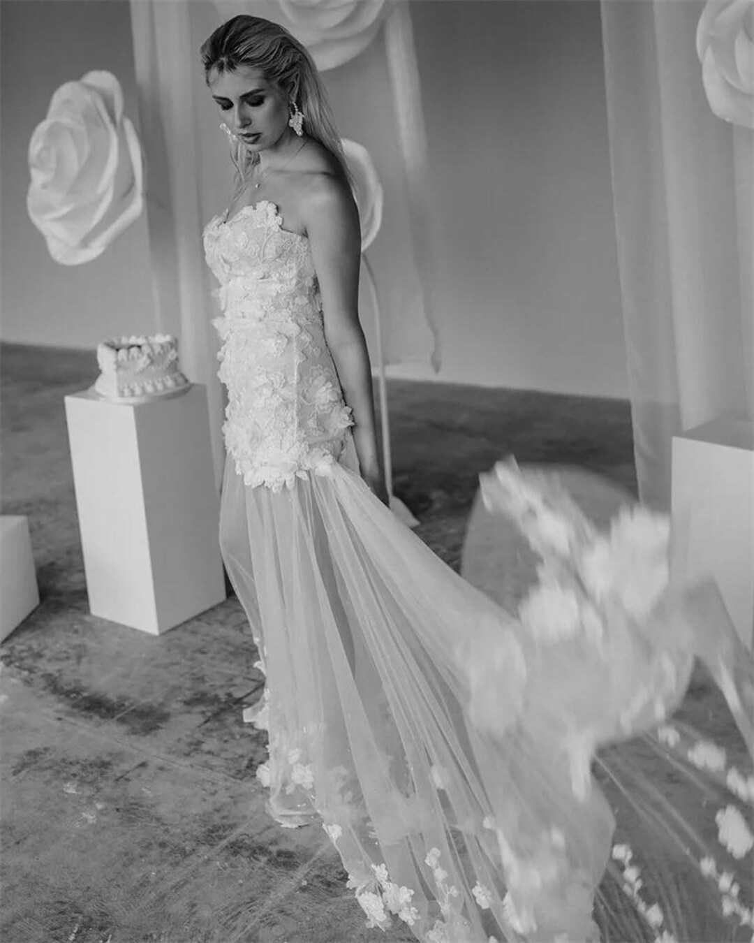Fleur Illusion Mini–train Gown – 3D Floral Corset & Sheer Flowing ...