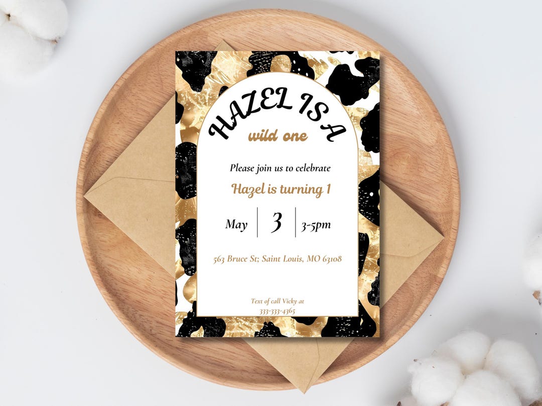 Wild One Birthday Invitation | Black & Gold, Editable Canva - Etsy