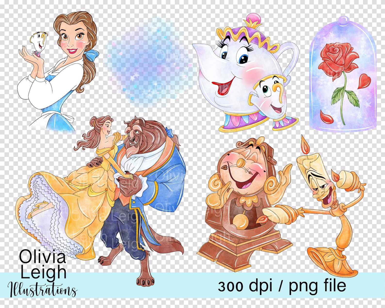 Set of Princess Belle Beauty and the Beast Cute Clipart PNG Files ...