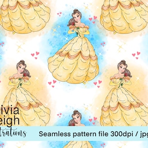 Cute Princess Belle Seamless Pattern. Digital Paper. DIGITAL DOWNLOAD ...