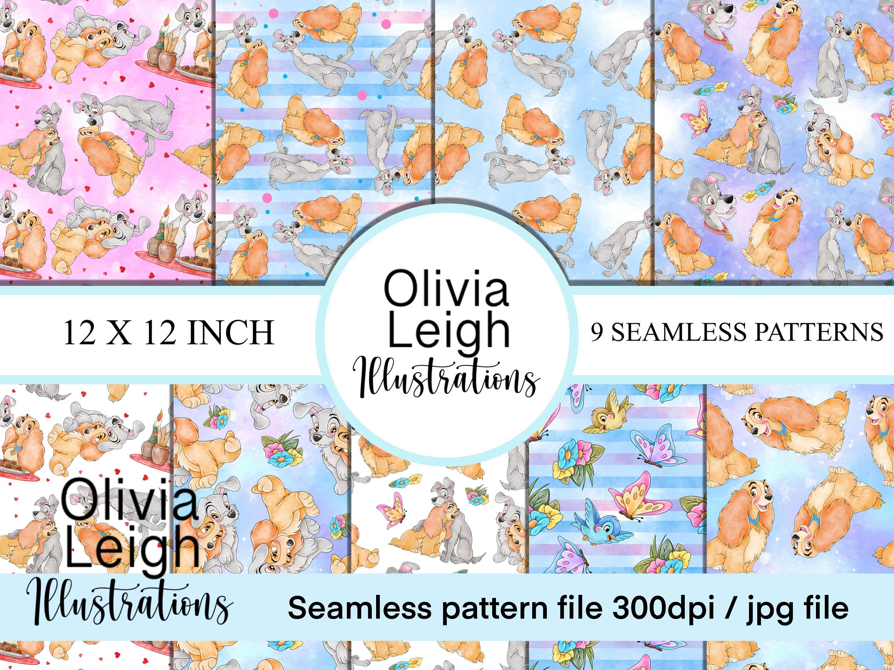 Set of 9 Cute Lady and the Tramp Seamless Patterns. Digital - Etsy