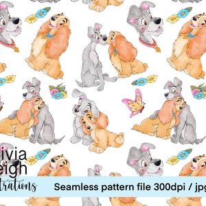 Set of 9 Cute Lady and the Tramp Seamless Patterns. Digital Paper ...