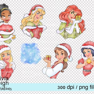 Set of Cute Christmas Princesses, Belle, Snow White, Tiana, Ariel ...