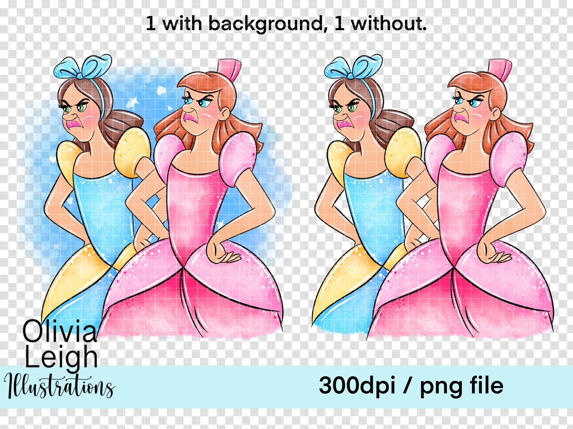 Cute Princess Cinderella, the Ugly Sisters Clipart PNG Files Hand Drawn ...