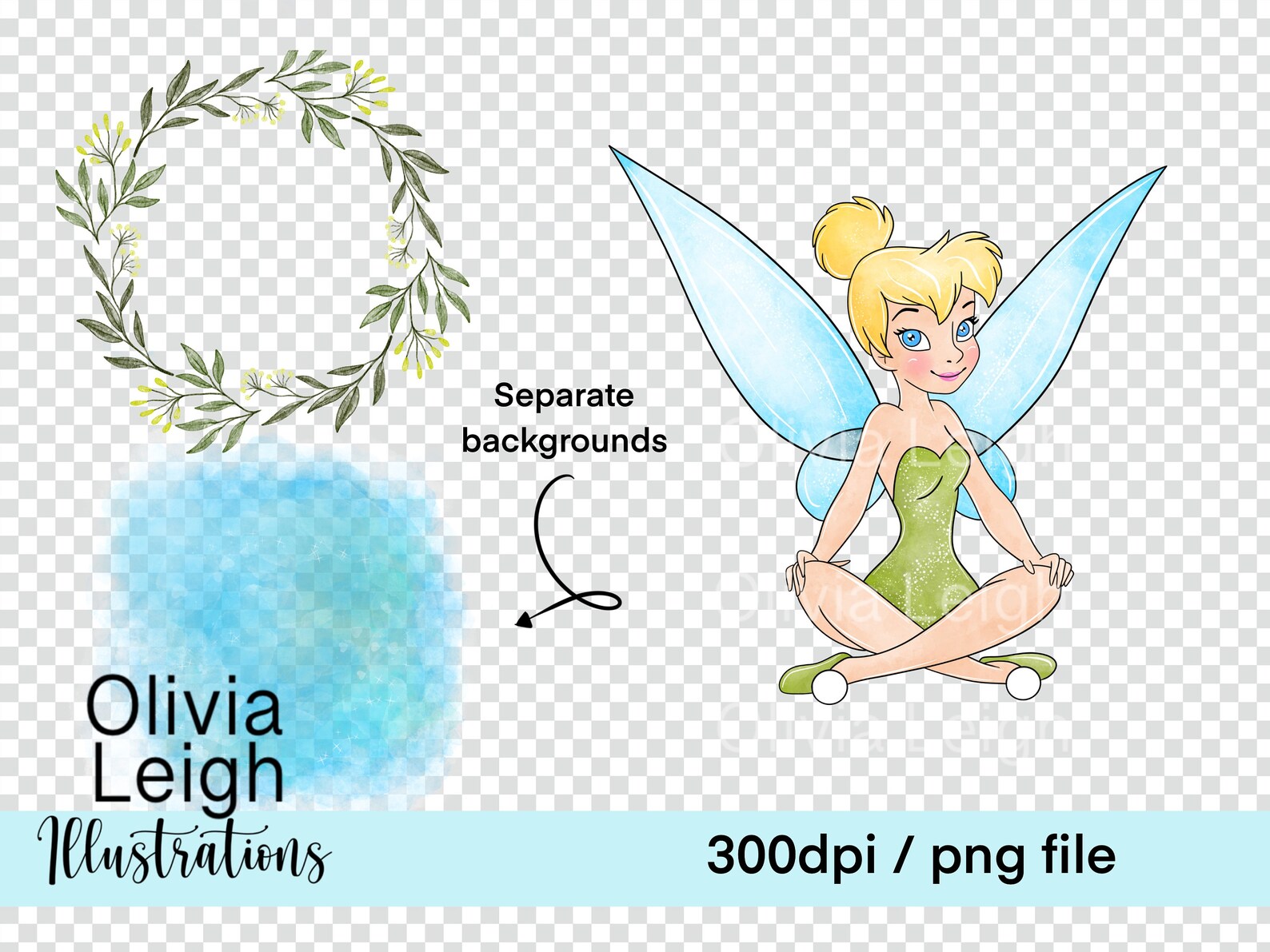 Set of Tinkerbell Cute Clipart Floral Wreath PNG Files DIGITAL DOWNLOAD ...
