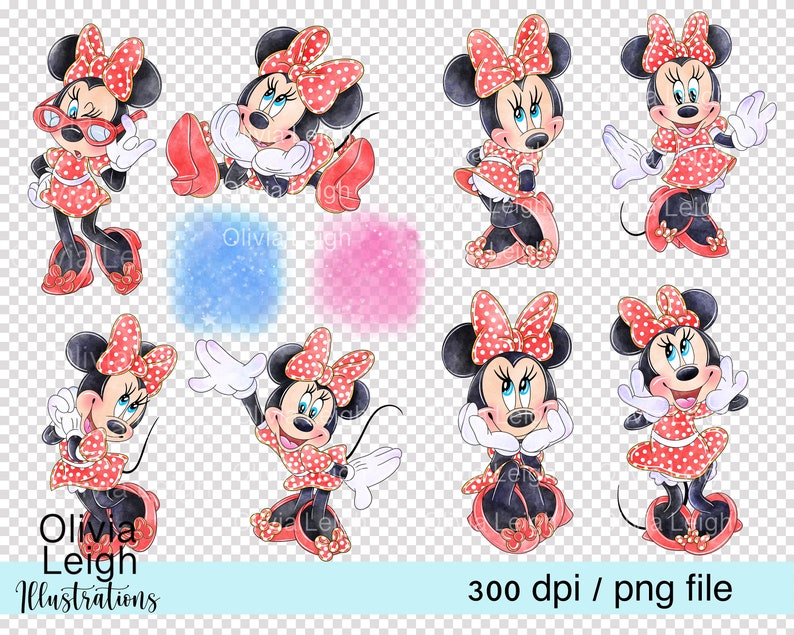 Set of Cute Minnie Mouse Watercolour Clipart Illustrations PNG - Etsy