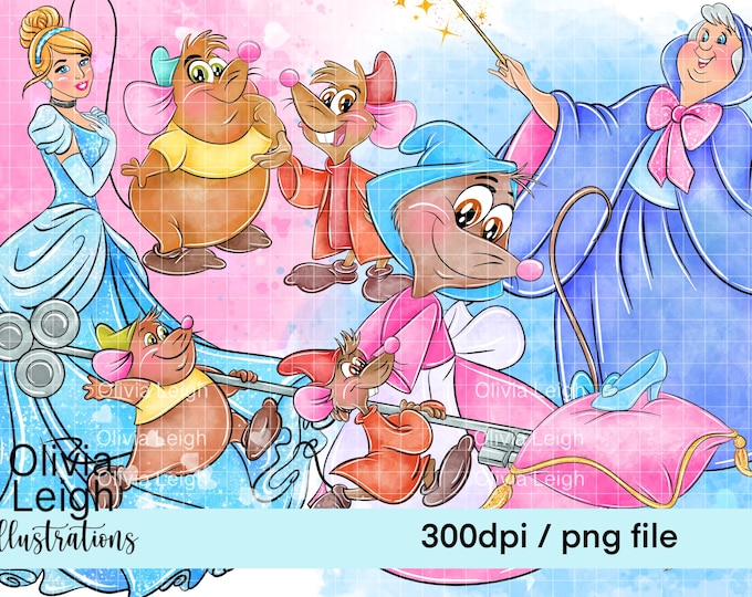 Princess Cinderella, Fairy Godmother and Mice Cute Clipart Set PNG ...