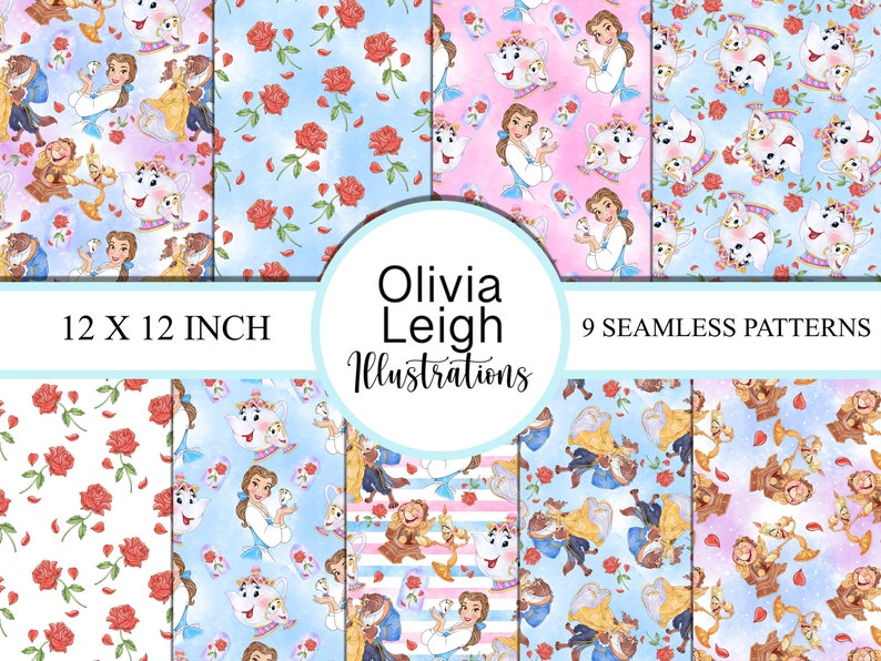 Set of 9 Cute Beauty and the Beast Seamless Patterns. Digital Paper ...