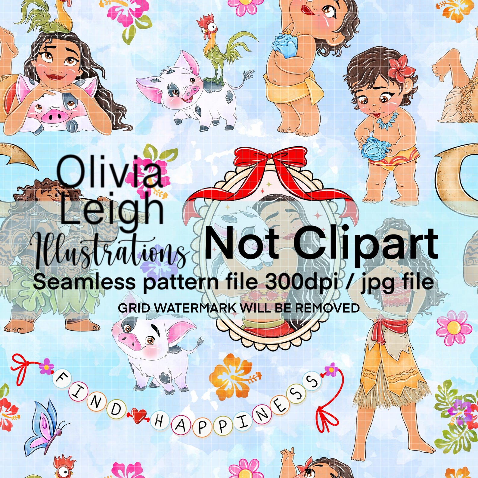 Princess Moana Seamless Repeat Pattern. Digital Paper. Hand Drawn ...