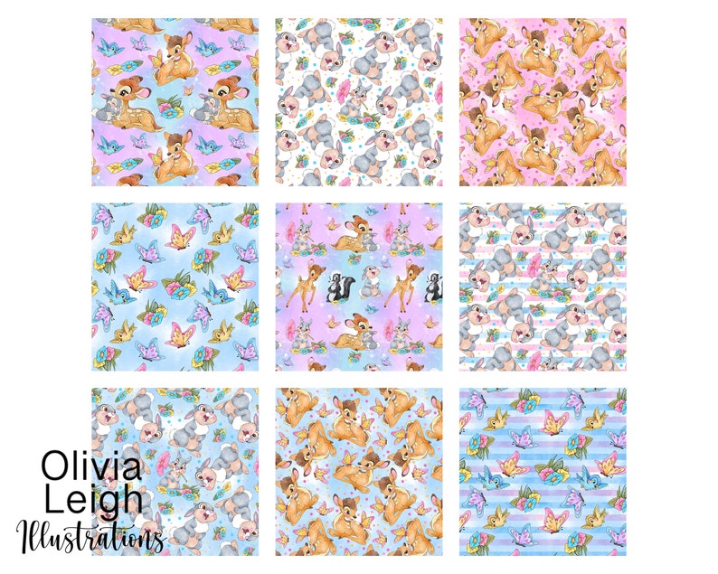 Set of 9 Cute Bambi Seamless Patterns. Digital Paper. DIGITAL DOWNLOAD ...