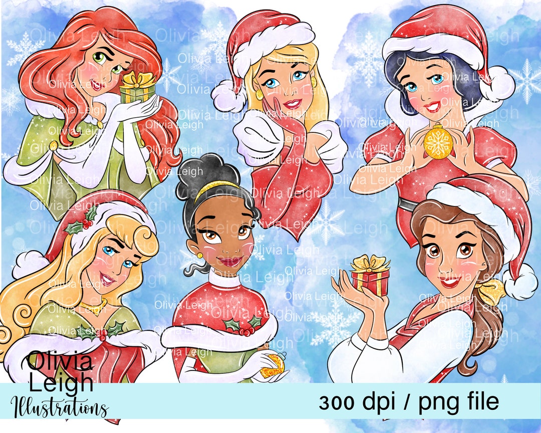Set of Cute Christmas Princesses, Belle, Snow White, Tiana, Ariel ...