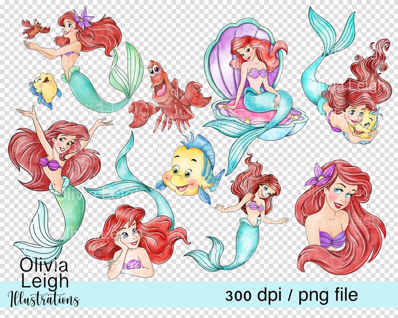 Set of Princess Ariel Cute Clipart PNG Files DIGITAL DOWNLOAD - Etsy